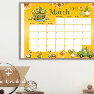 EDITABLE March 2023 Calendar Sunflower Gnome Happy - Etsy