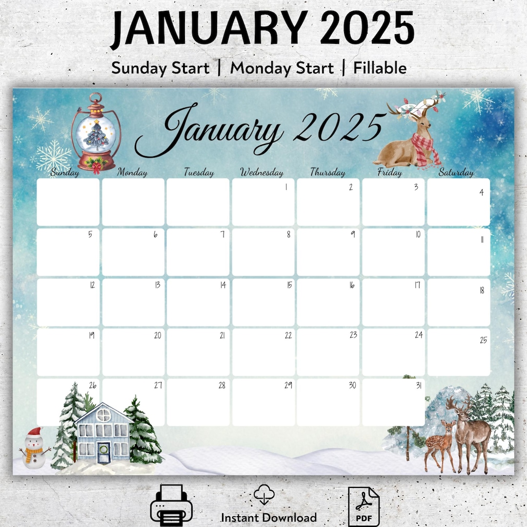 EDITABLE January 2025 Calendar, Beautiful Snowy Winter, Fillable ...