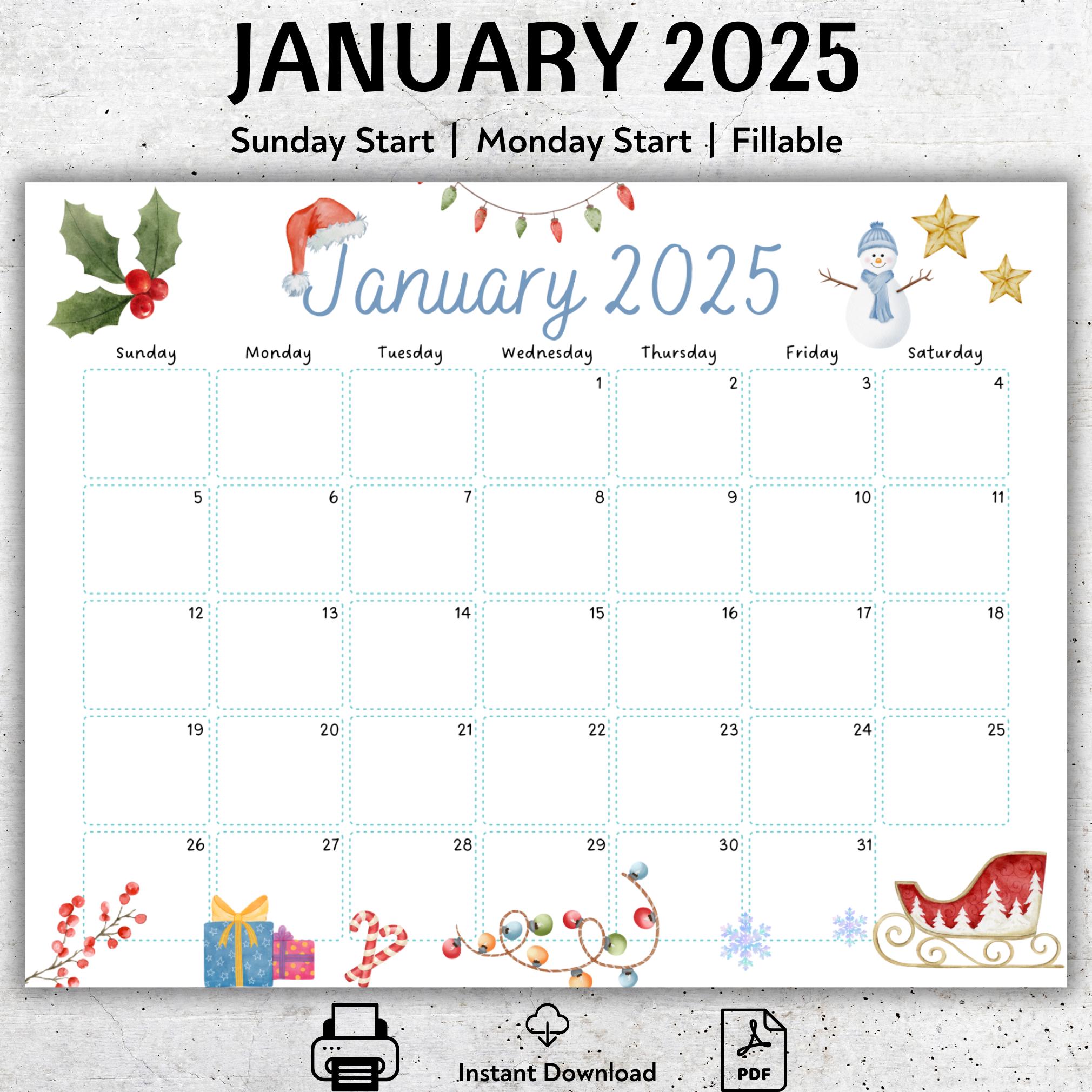 EDITABLE January 2025 Calendar, Beautiful Winter, Happy Snowman, New ...