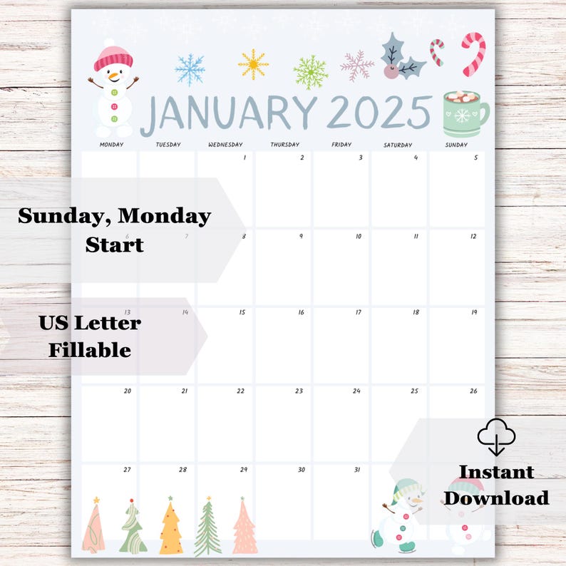 EDITABLE January 2025 Calendar, Beautiful Winter, Happy Snowmen ...