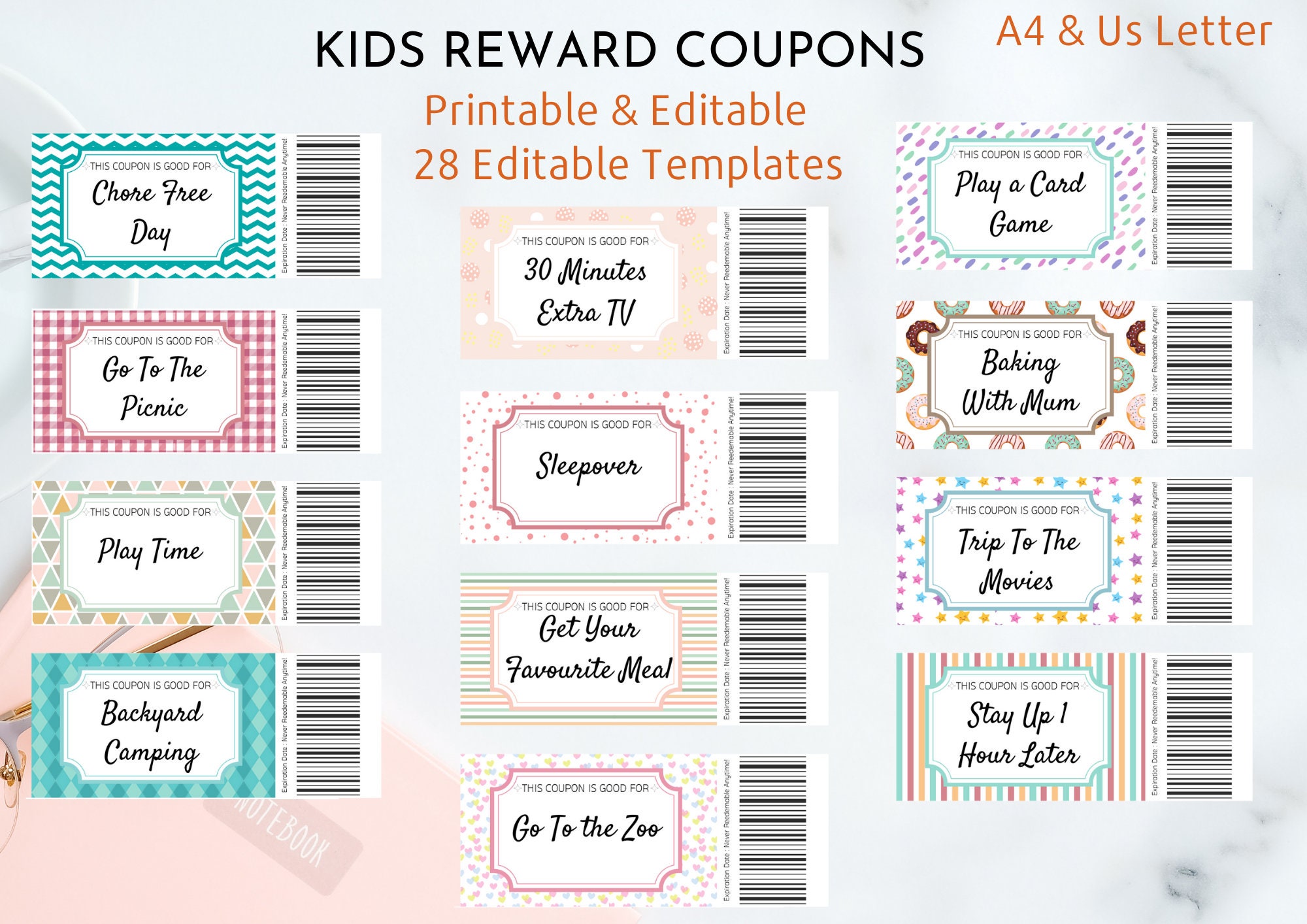 Printable Kids Reward Coupons, Editable Reward Coupons, Pre-filled ...
