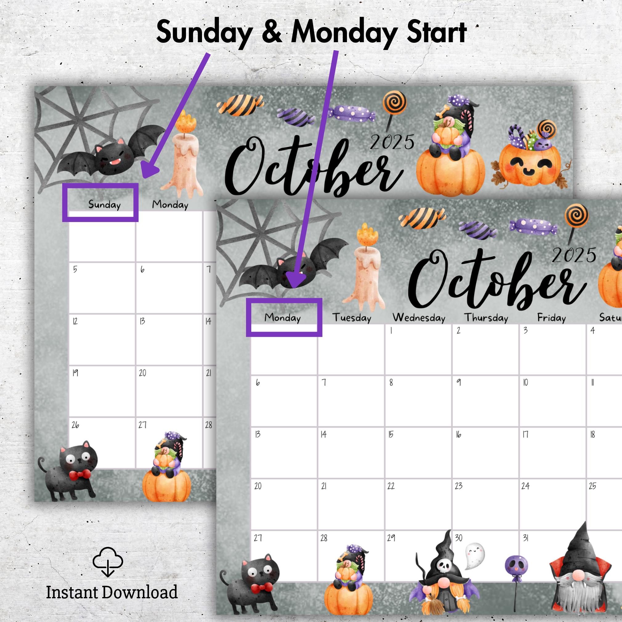 EDITABLE October 2025 Calendar, Happy Halloween, Cute Gnoms, Kid ...
