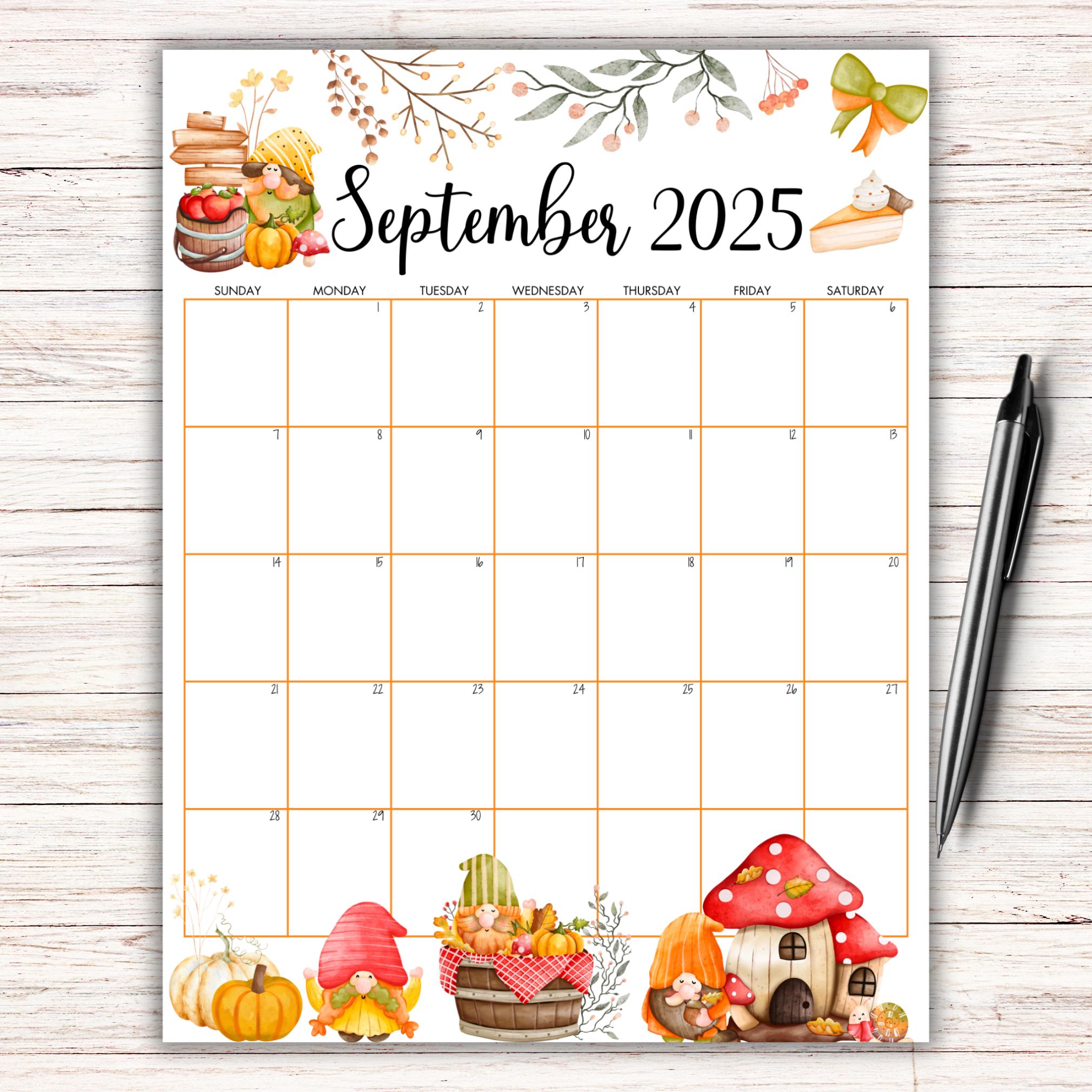 Printable September 2025 Calendar With Cute Fall Gnome Design, College ...