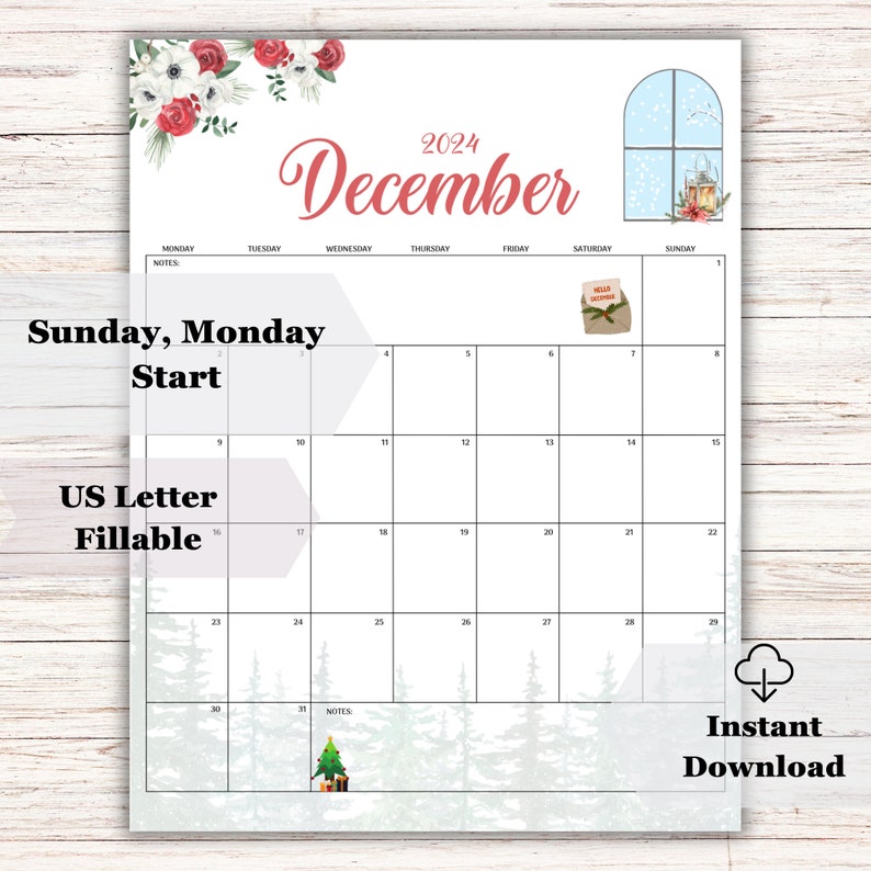 EDITABLE December 2024 Calendar, Christmas Planner, Beautiful Winter ...