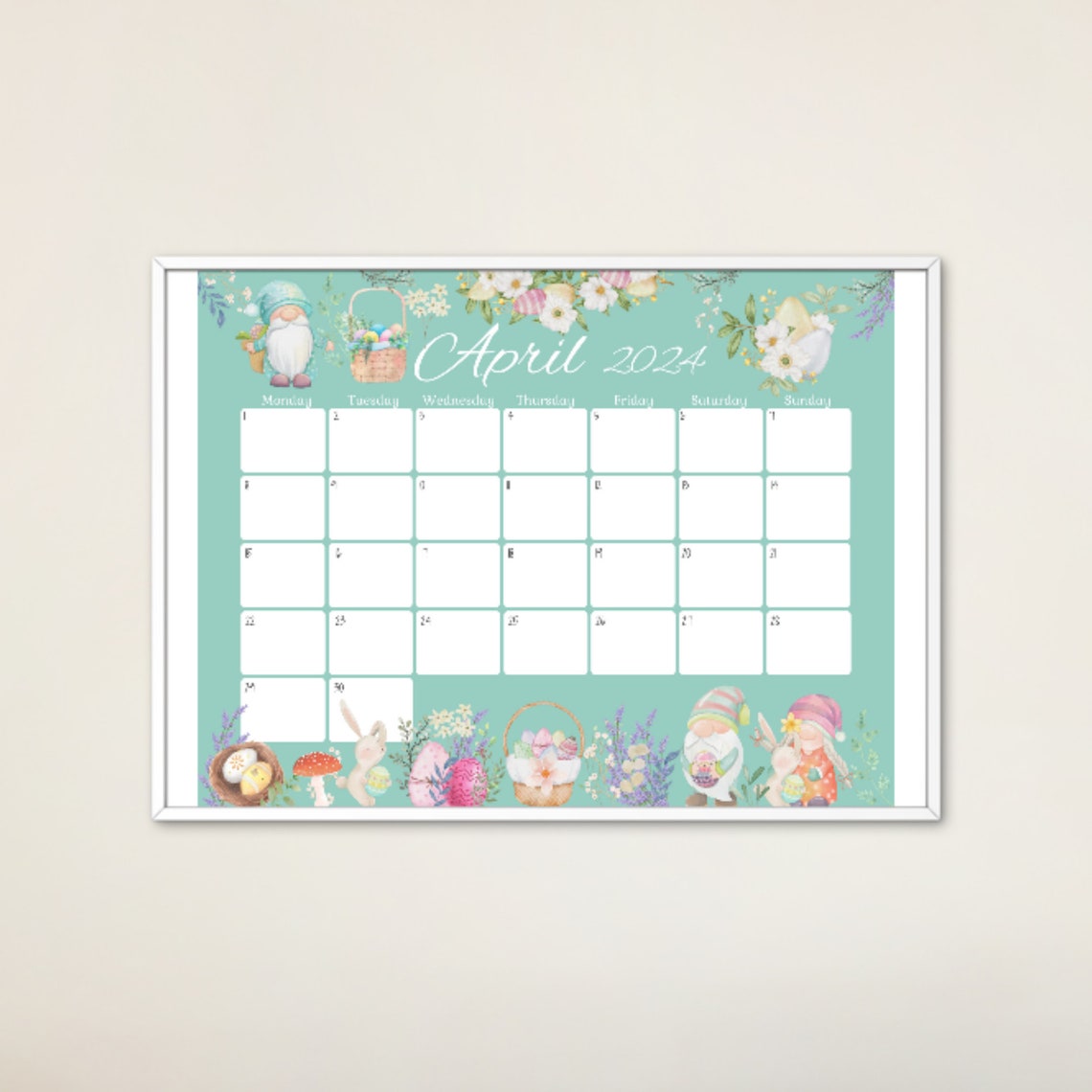 EDITABLE April 2024 Calendar, Happy Easter Day, Cute Gnomes, Printable ...