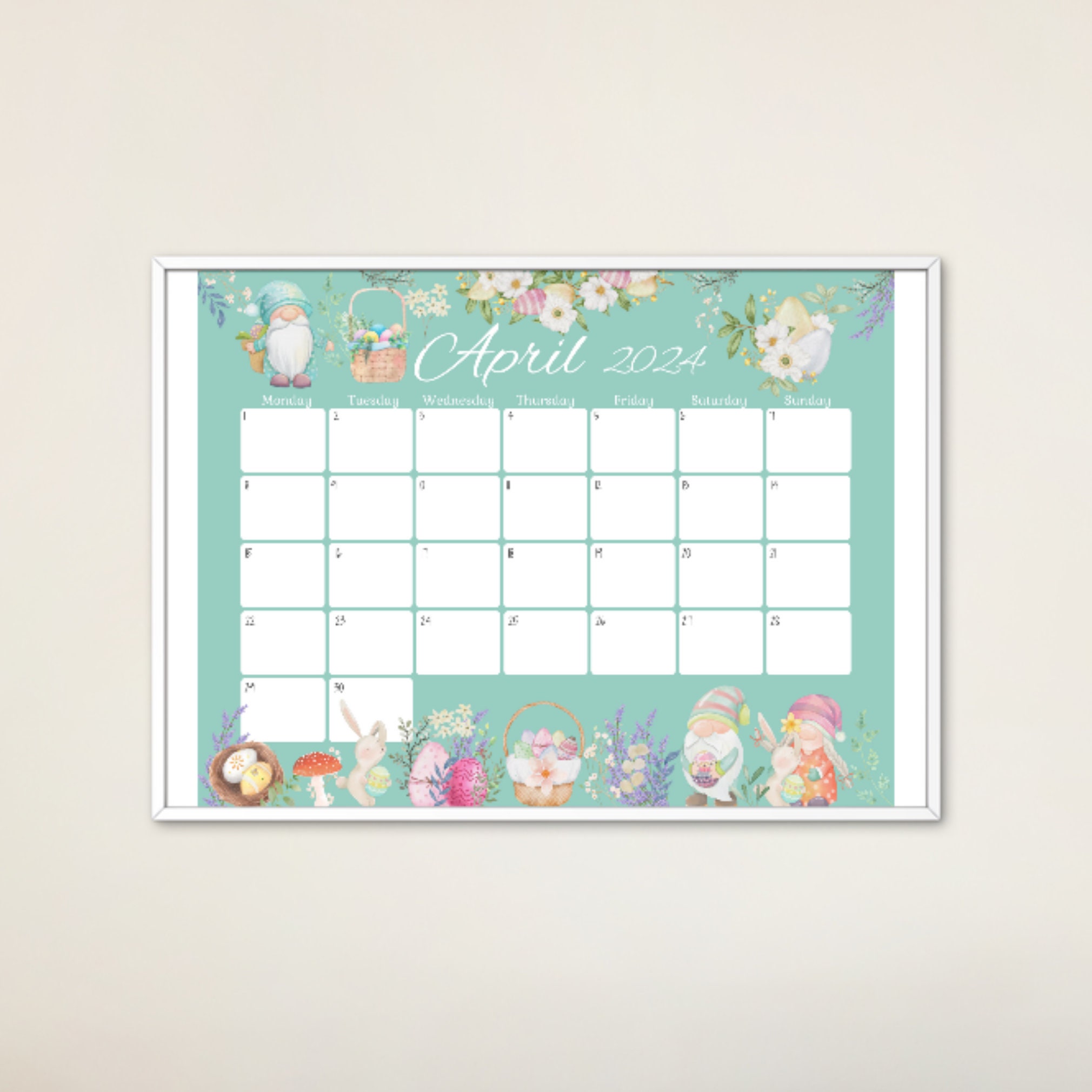 EDITABLE April 2024 Calendar, Happy Easter Day, Cute Gnomes, Printable ...