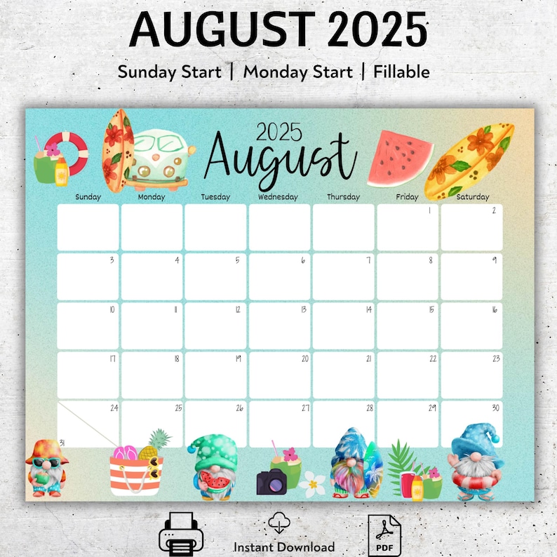 EDITABLE August 2025 Calendar, Beautiful Summer, Watermelon, Cute Gnome ...