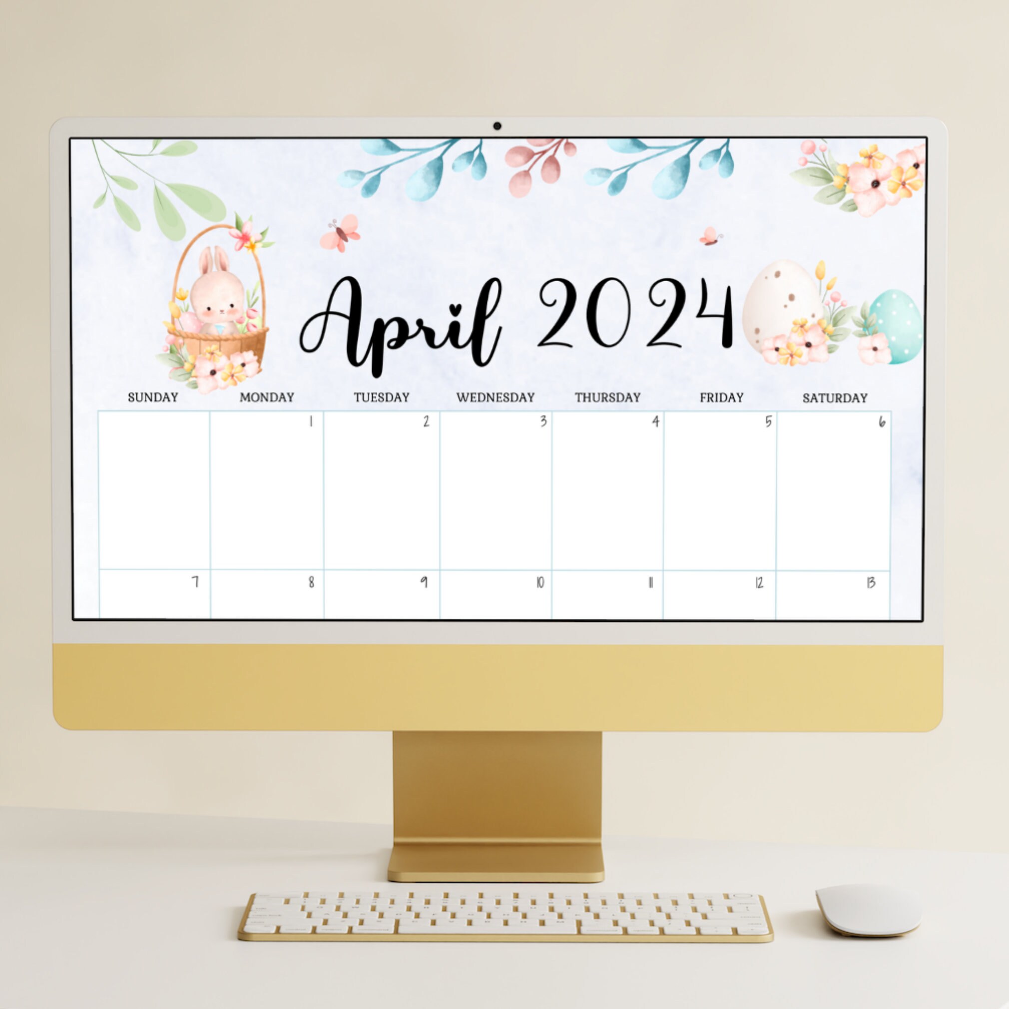 EDITABLE April 2024 Calendar, Happy Easter Day, Cute Bunnies, Printable ...