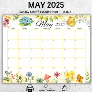 EDITABLE May 2025 Calendar, Colorful Flowers, Butterfly, Mushrooms ...