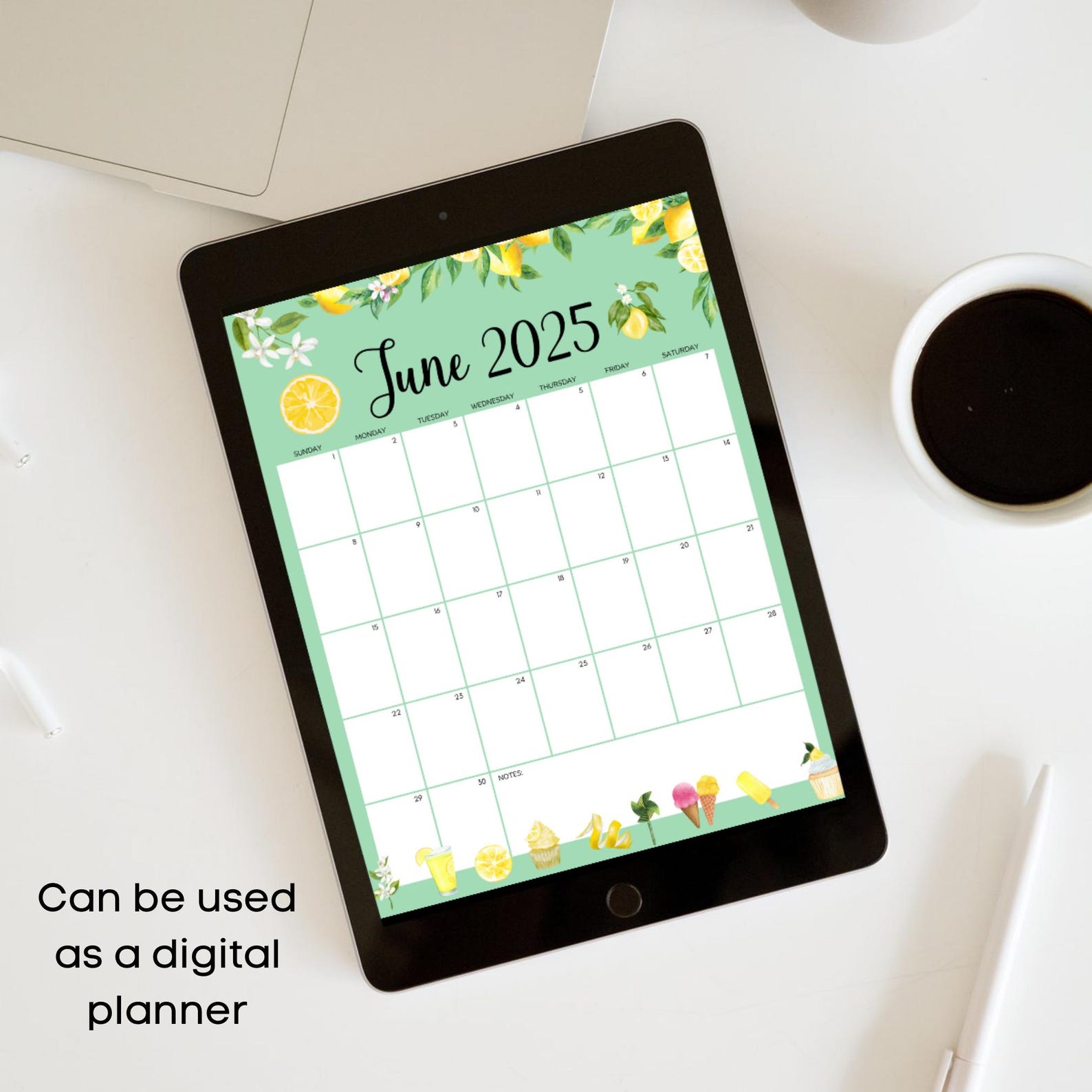 EDITABLE June 2025 Calendar, Yellow Lemons, Delicious Ice Creams, Green ...