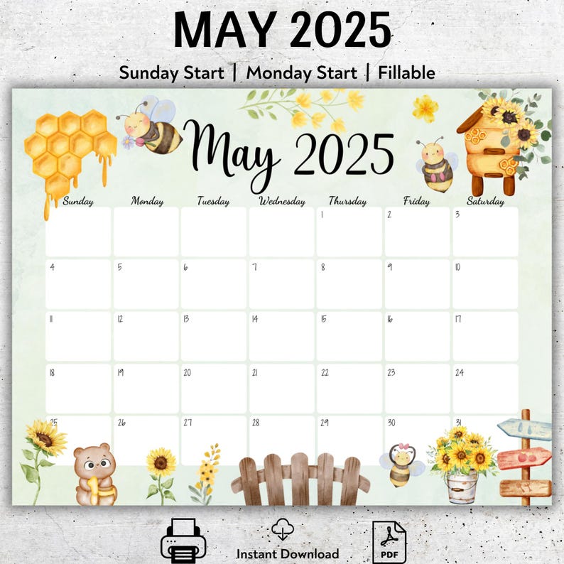 EDITABLE May 2025 Calendar, Kids Calendar School, Homeschool Planner, Cute Bees, Beautiful ...