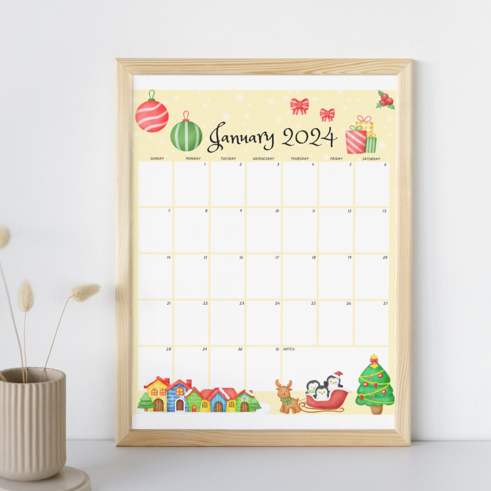 EDITABLE January 2024 Calendar, Vertical Calendar, Cute Penguins, Happy ...