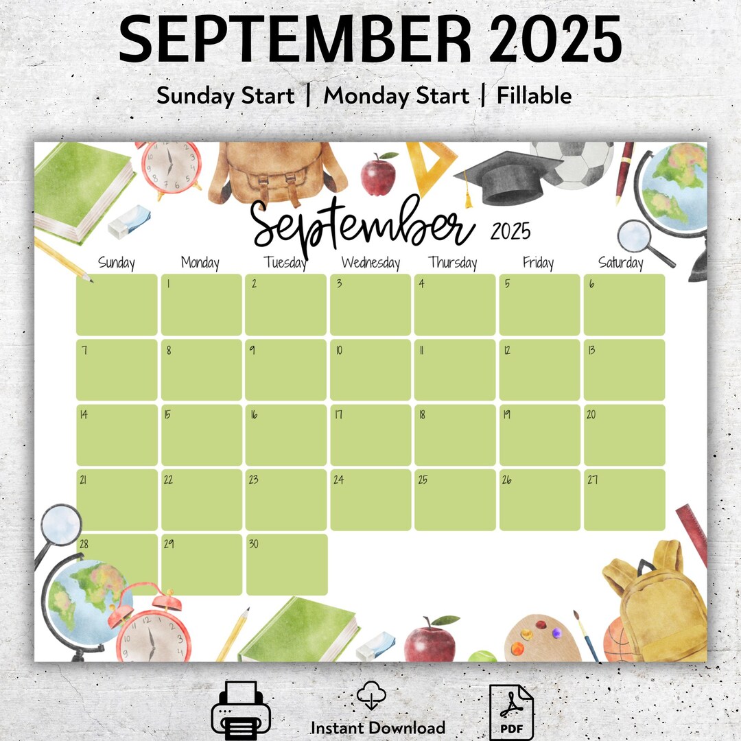 September 2025 Printable Calendar PDF, School Theme Fillable Monthly ...