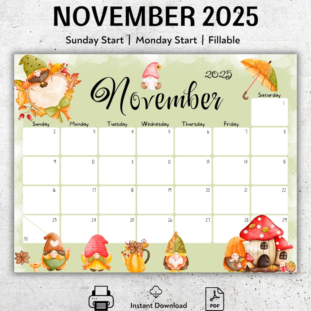 EDITABLE November 2025 Calendar, Fall Colors, Cute Gnomes, Printable ...