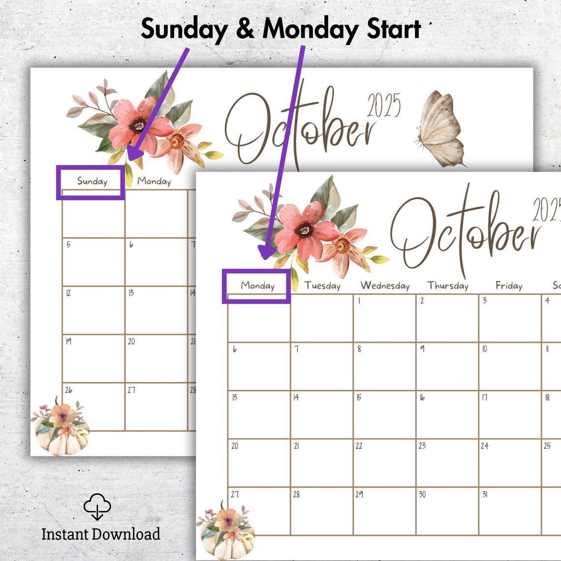 EDITABLE October 2025 Calendar, Beautiful Pumpkins, Colorful Flowers ...