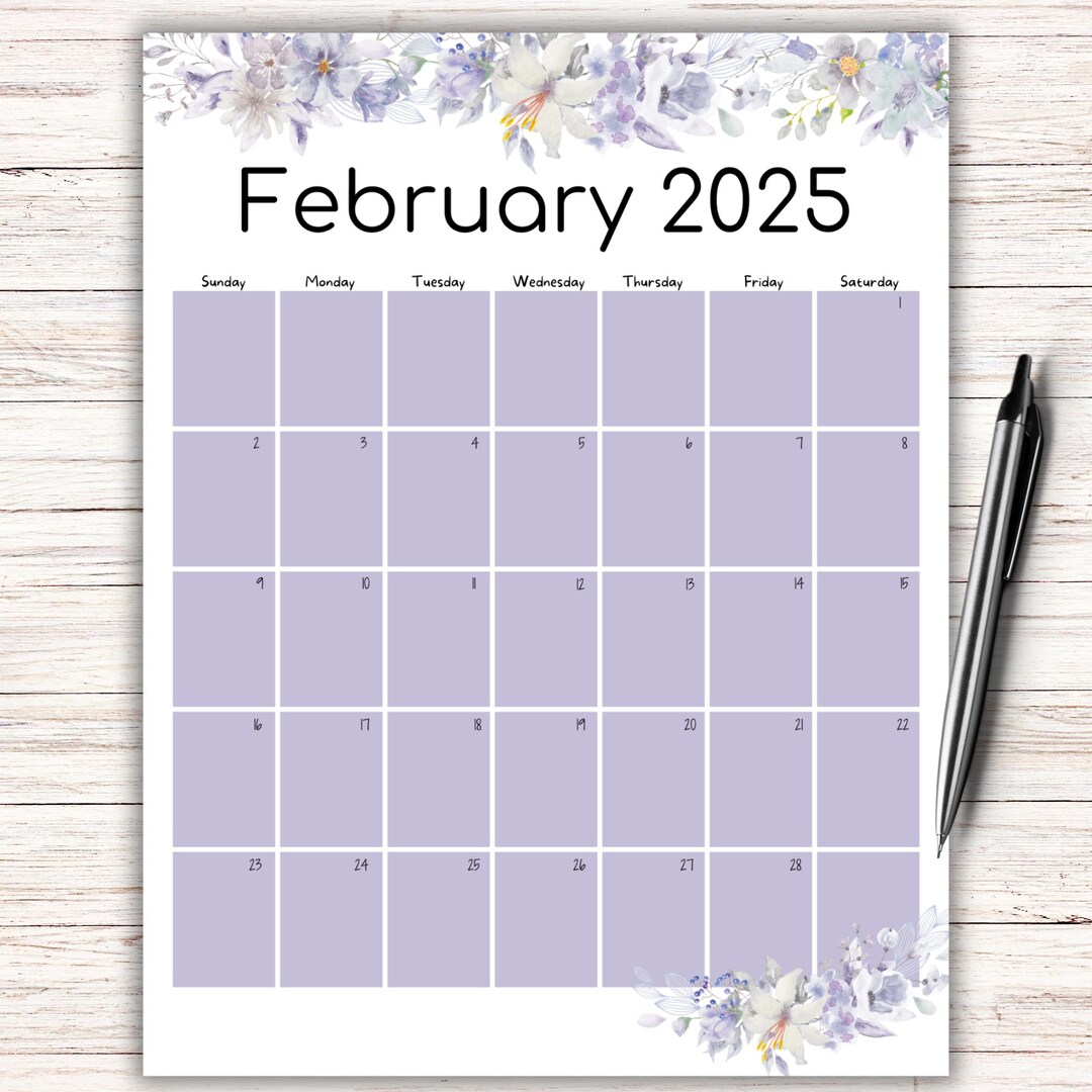 EDITABLE February 2025 Calendar, Beautiful Purple Flowers, Winter ...