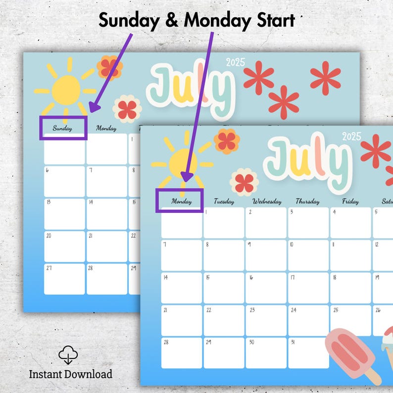 EDITABLE July 2025 Calendar, Colorful Happy Summer, Ice Creams and Sun ...