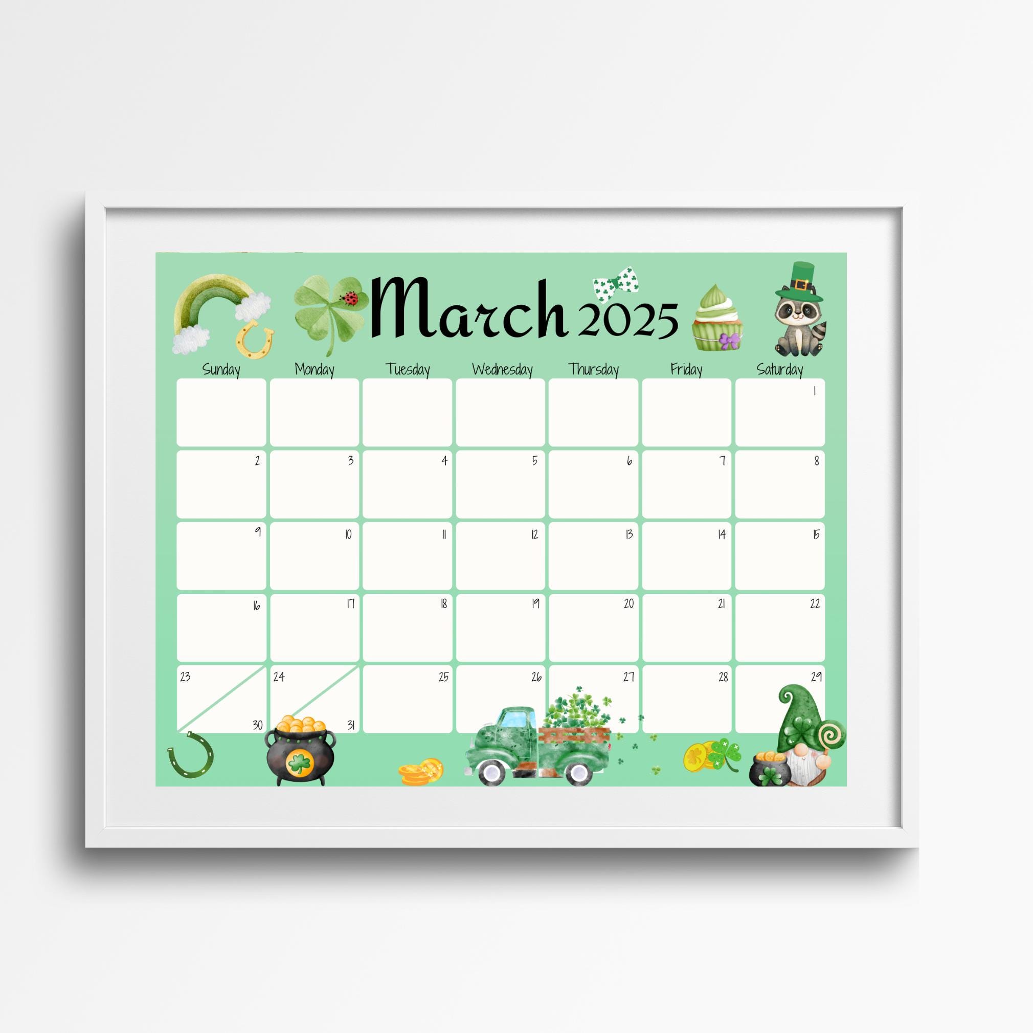 EDITABLE March 2025 Calendar, Happy St. Patrick's Day, Horseshoe, Green ...