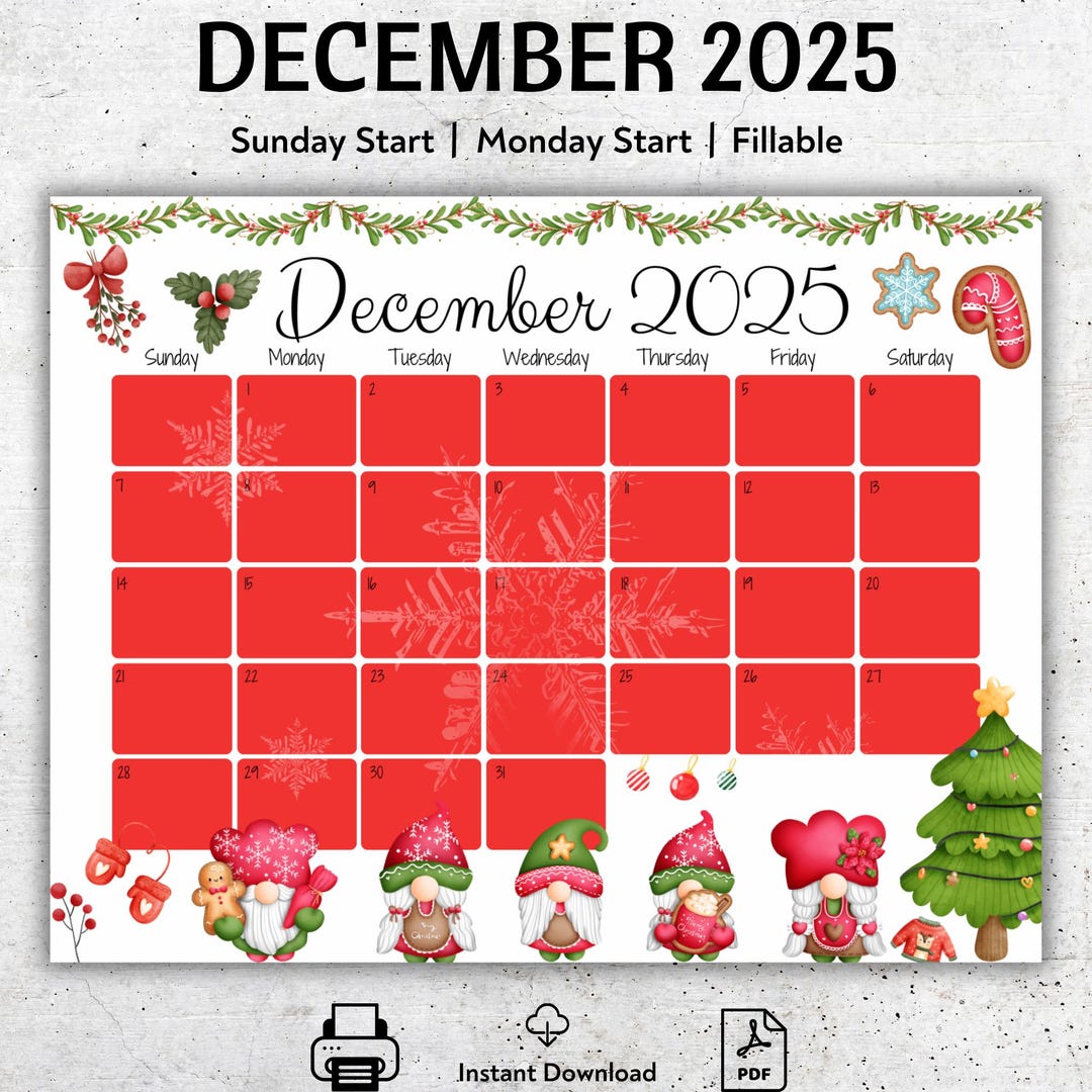 EDITABLE December 2025 Calendar, Happy Christmas, Cute Gnomes ...
