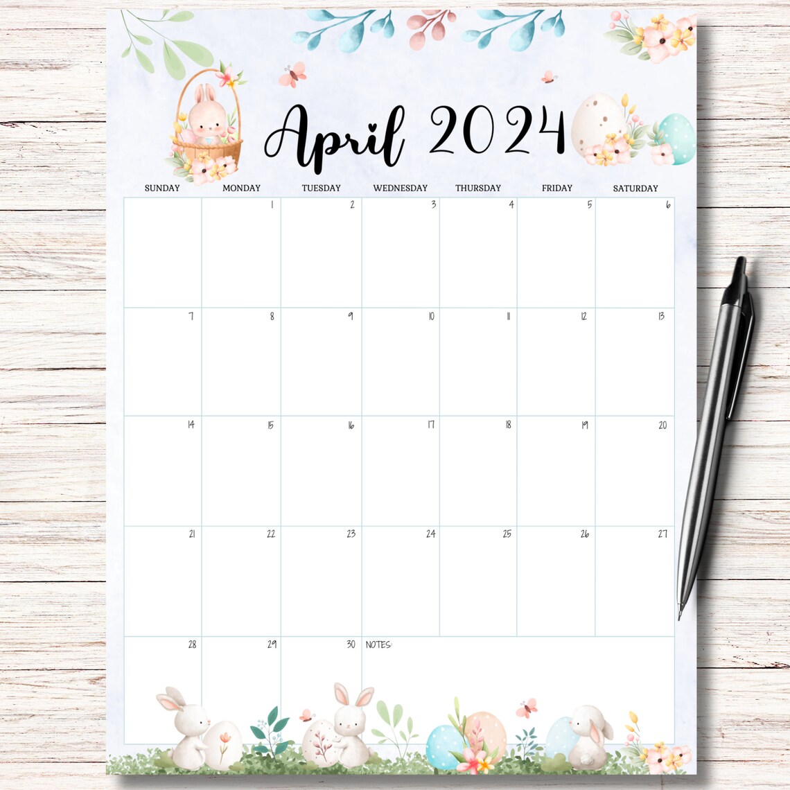 EDITABLE April 2024 Calendar, Happy Easter Day, Cute Bunnies, Printable ...