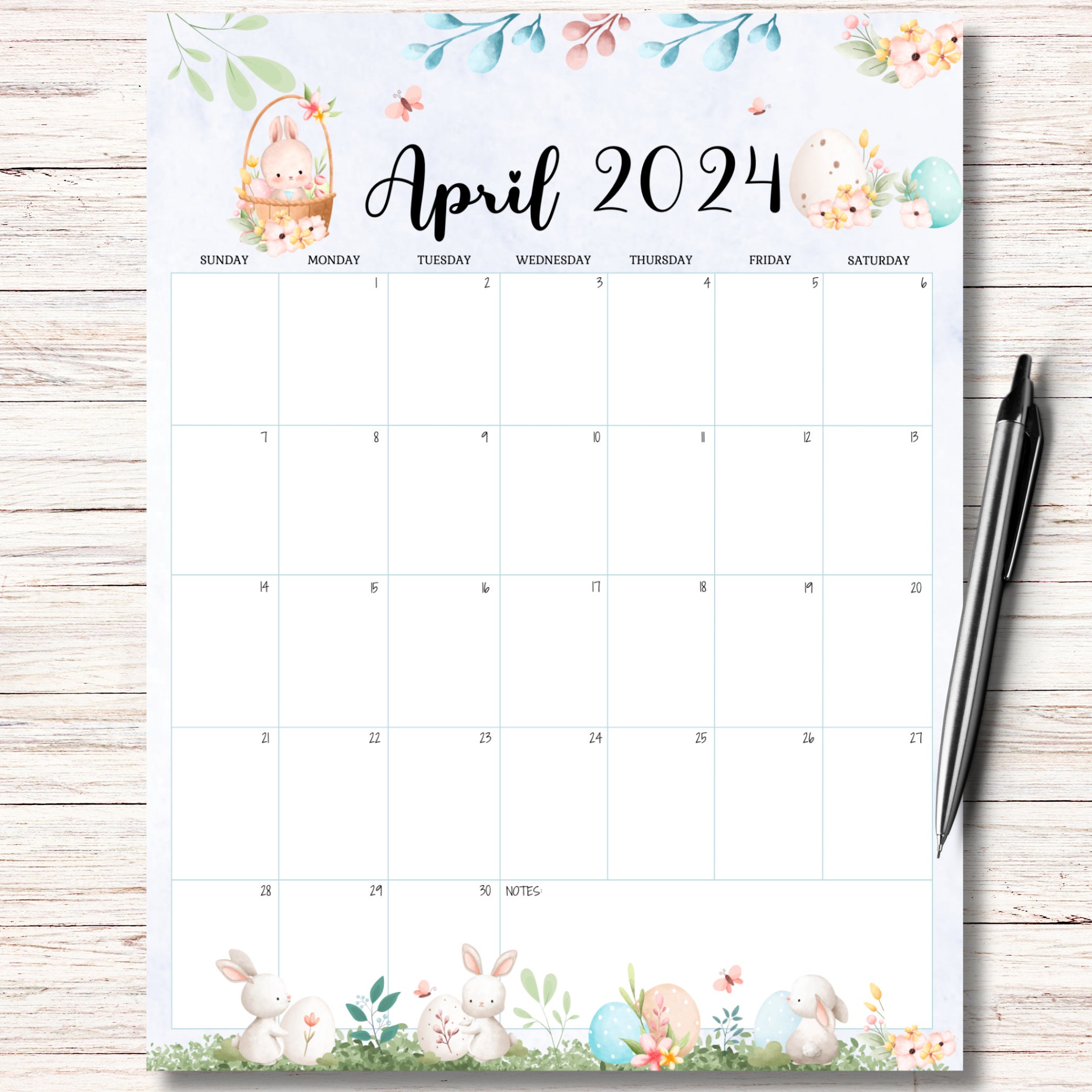 EDITABLE April 2024 Calendar, Happy Easter Day, Cute Bunnies, Printable ...