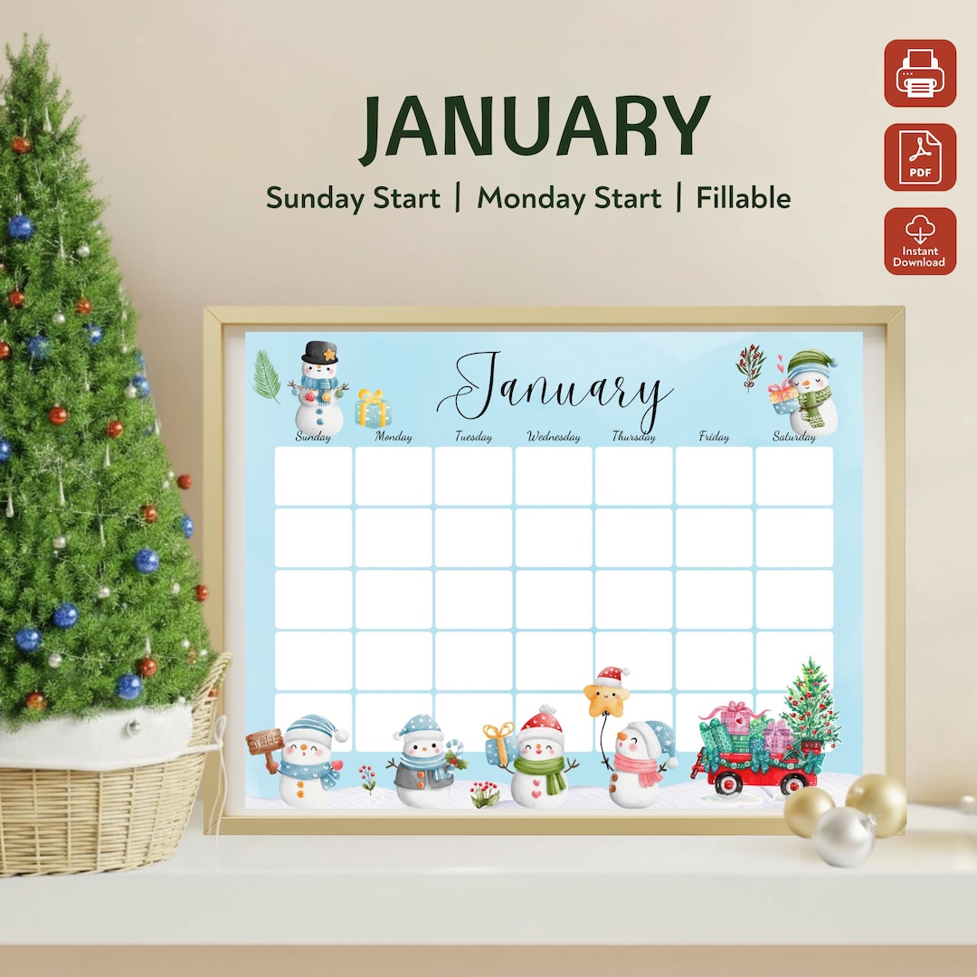 EDITABLE January Calendar, Beautiful Winter, Happy Snowmen, New Year ...