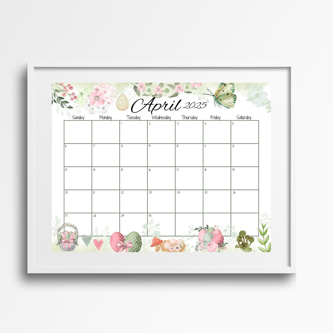 EDITABLE April 2025 Calendar, Happy Easter Day, Green Butterfly ...