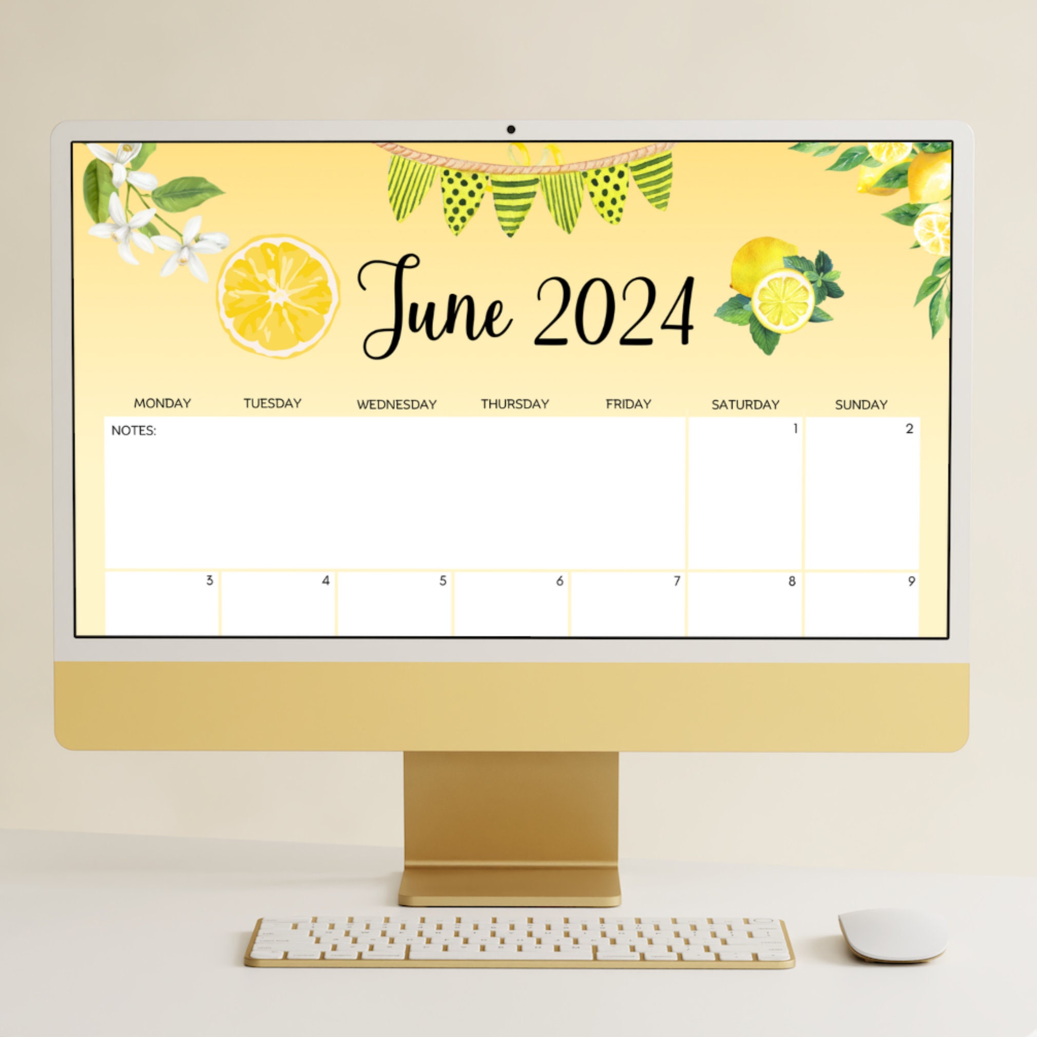 Editable 2024 June Calendar, Monthly June Planner, Yellow Lemons, Kids ...