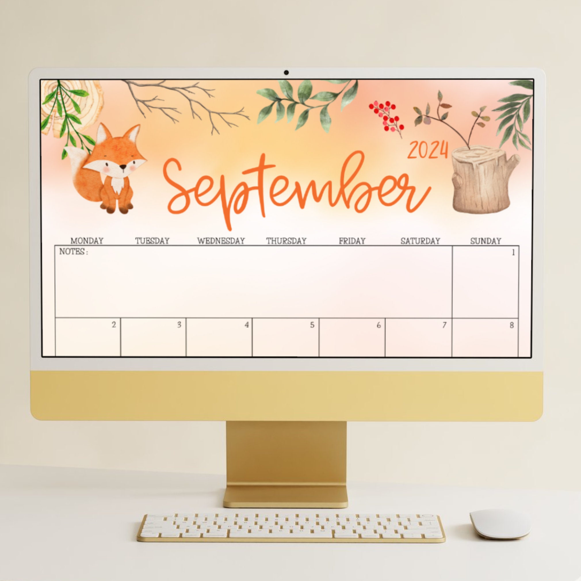 EDITABLE September 2024 Calendar, Back to School, Cute Fox, Vertical ...