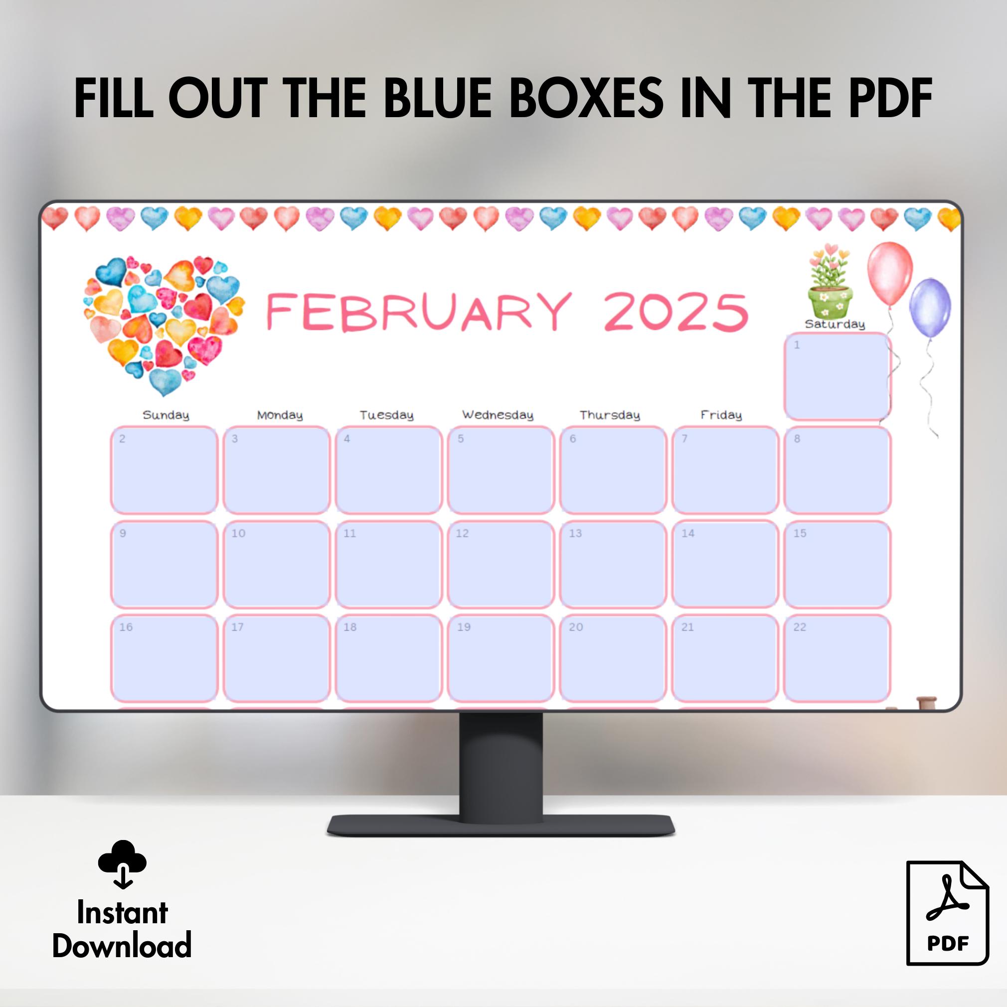 EDITABLE February 2025 Calendar, Valentine's Day, Homeschool, Loving ...