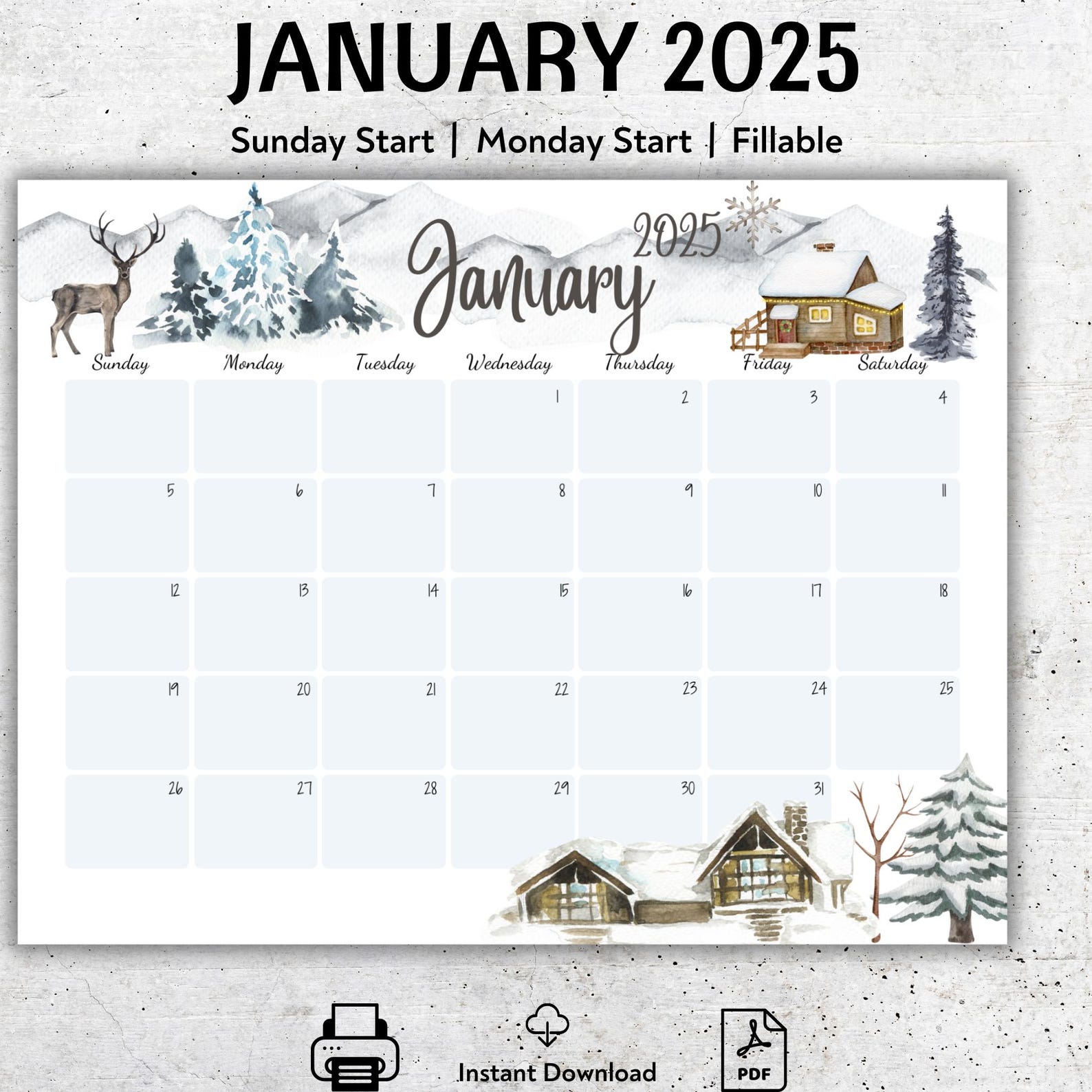 EDITABLE January 2025 Calendar, Beautiful Winter in a Countryside ...