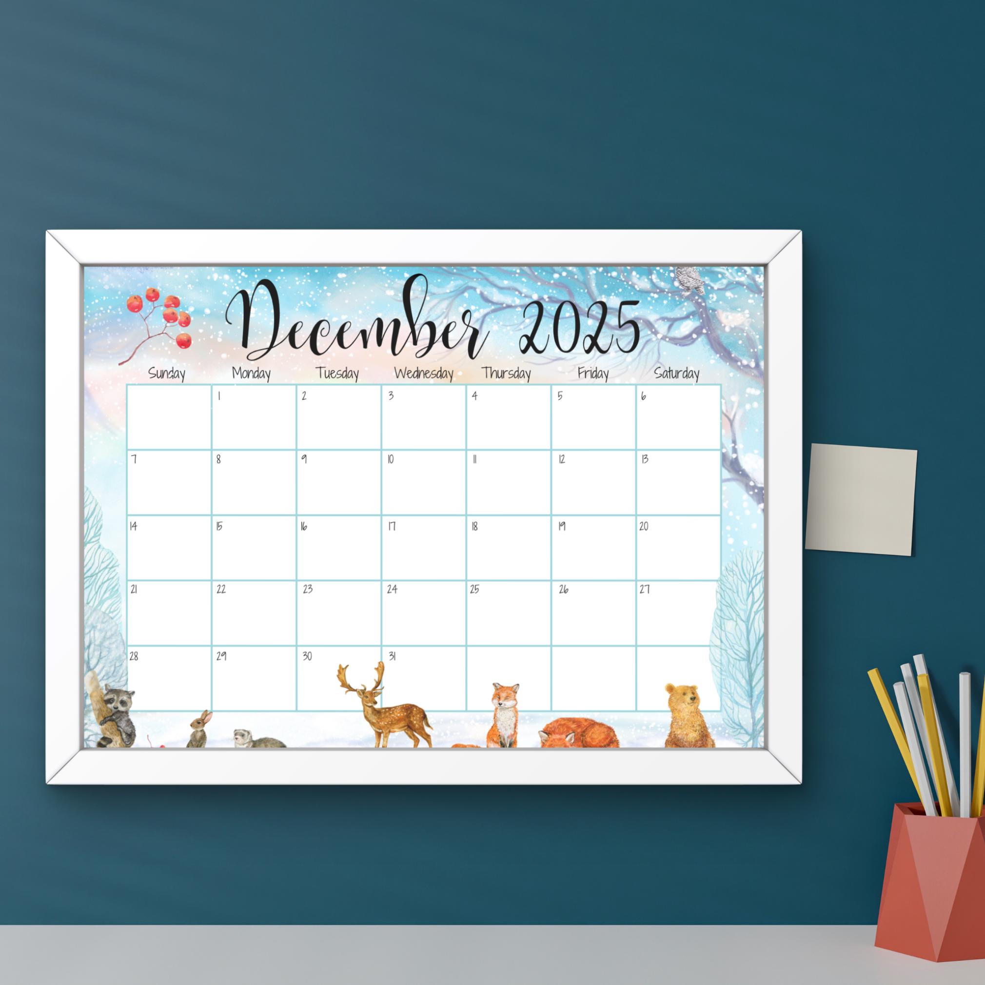 EDITABLE December 2025 Calendar, Cute Animals, Beautiful Winter ...