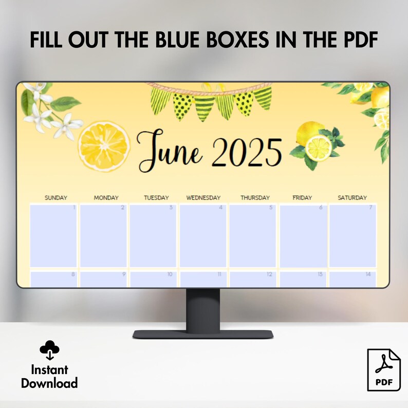 Editable 2025 June Calendar, Monthly June Planner, Yellow Lemons, Kids ...