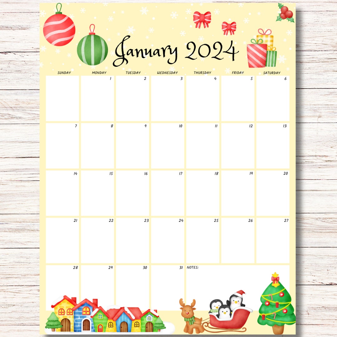EDITABLE January 2024 Calendar, Vertical Calendar, Cute Penguins, Happy ...