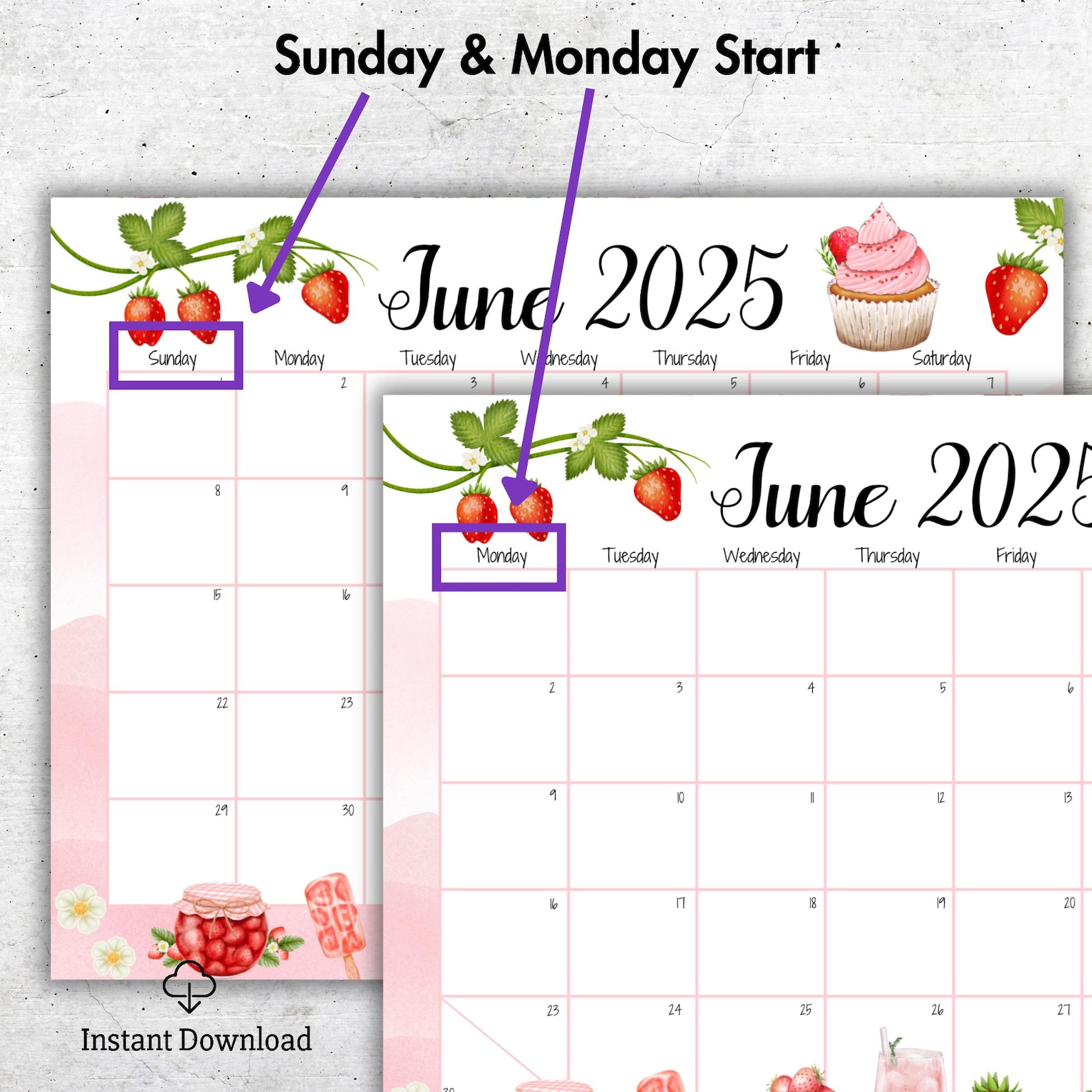 Strawberry-themed June 2025 Calendar, Printable Monthly Planner, US ...