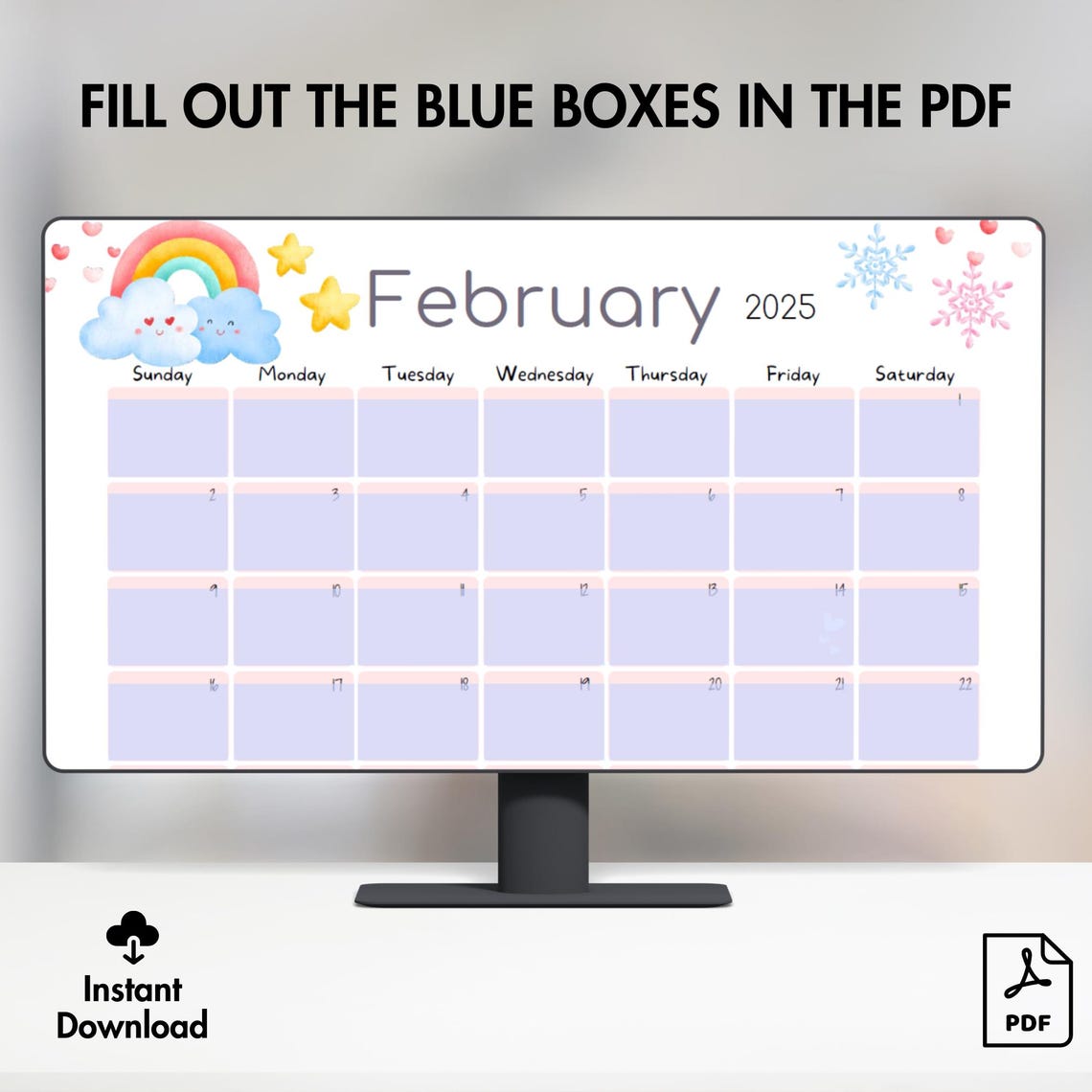 EDITABLE February 2025 Calendar, Beautiful Rainbow, Cute Clouds ...