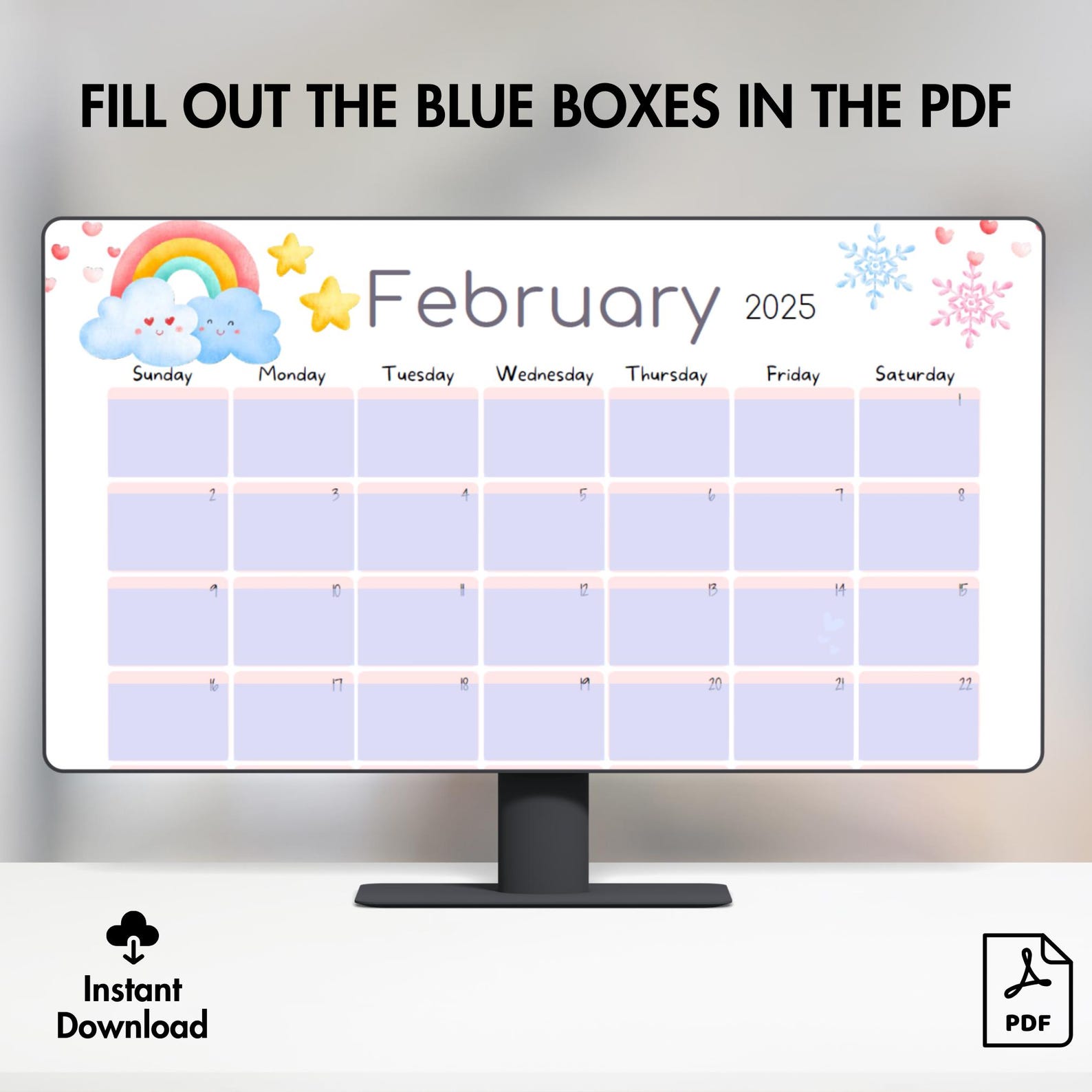 EDITABLE February 2025 Calendar, Beautiful Rainbow, Cute Clouds ...