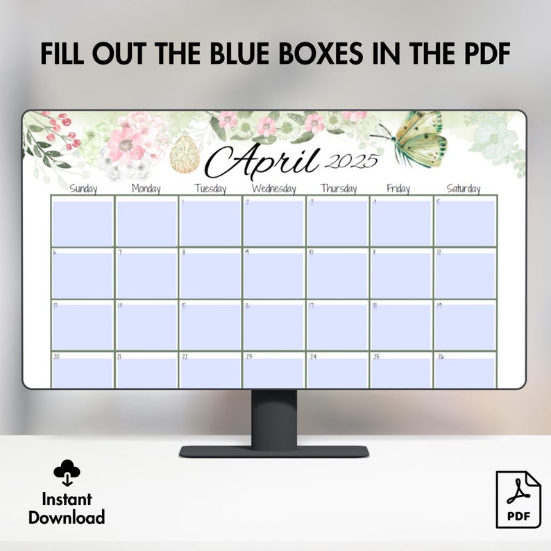 EDITABLE April 2025 Calendar, Happy Easter Day, Green Butterfly ...