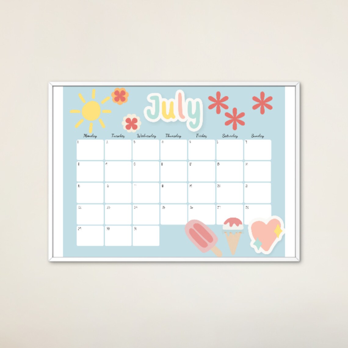 EDITABLE July 2024 Calendar, Colorful Happy Summer, Ice Creams and Sun ...
