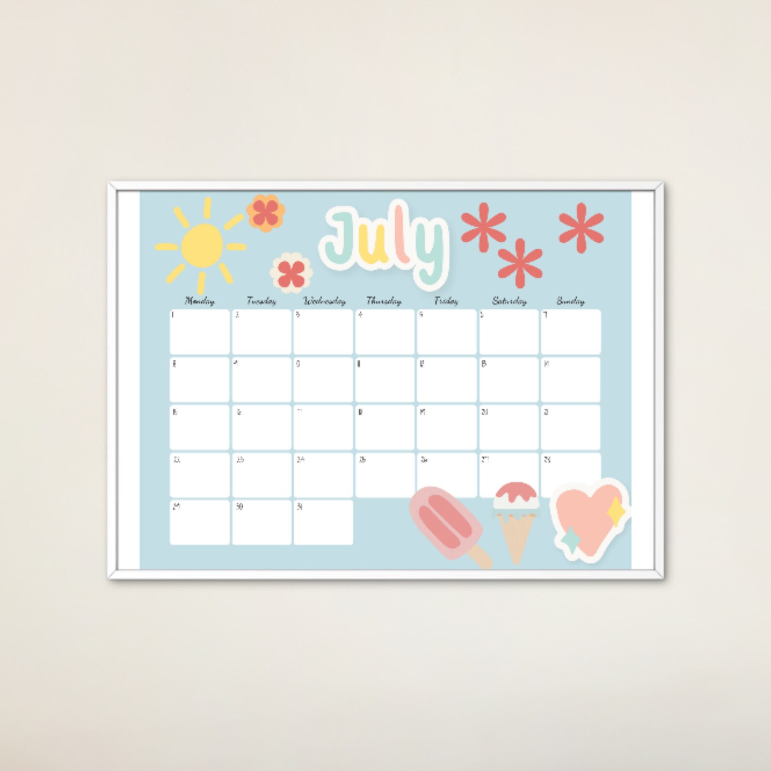 EDITABLE July 2024 Calendar, Colorful Happy Summer, Ice Creams and Sun ...
