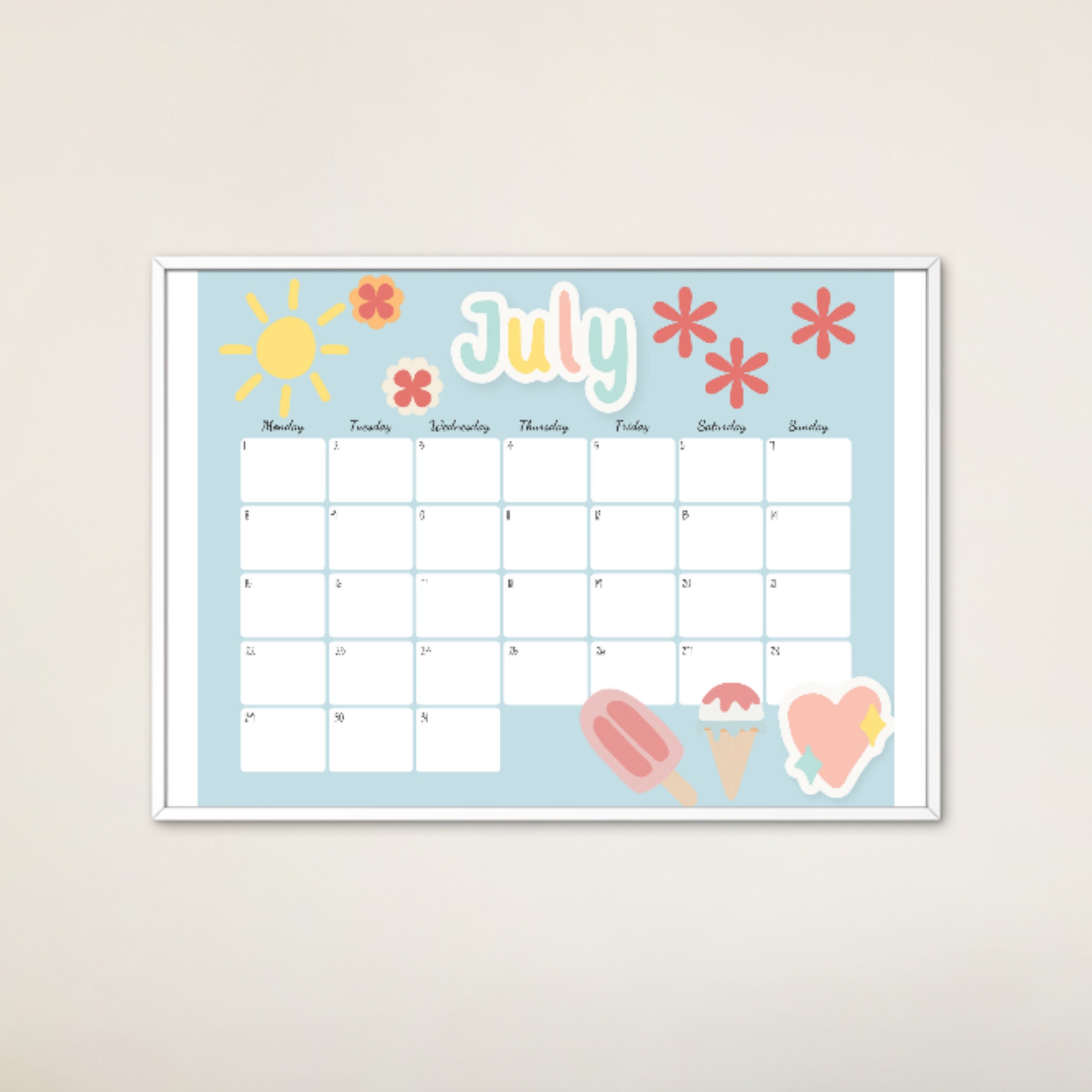 EDITABLE July 2024 Calendar, Colorful Happy Summer, Ice Creams and Sun ...