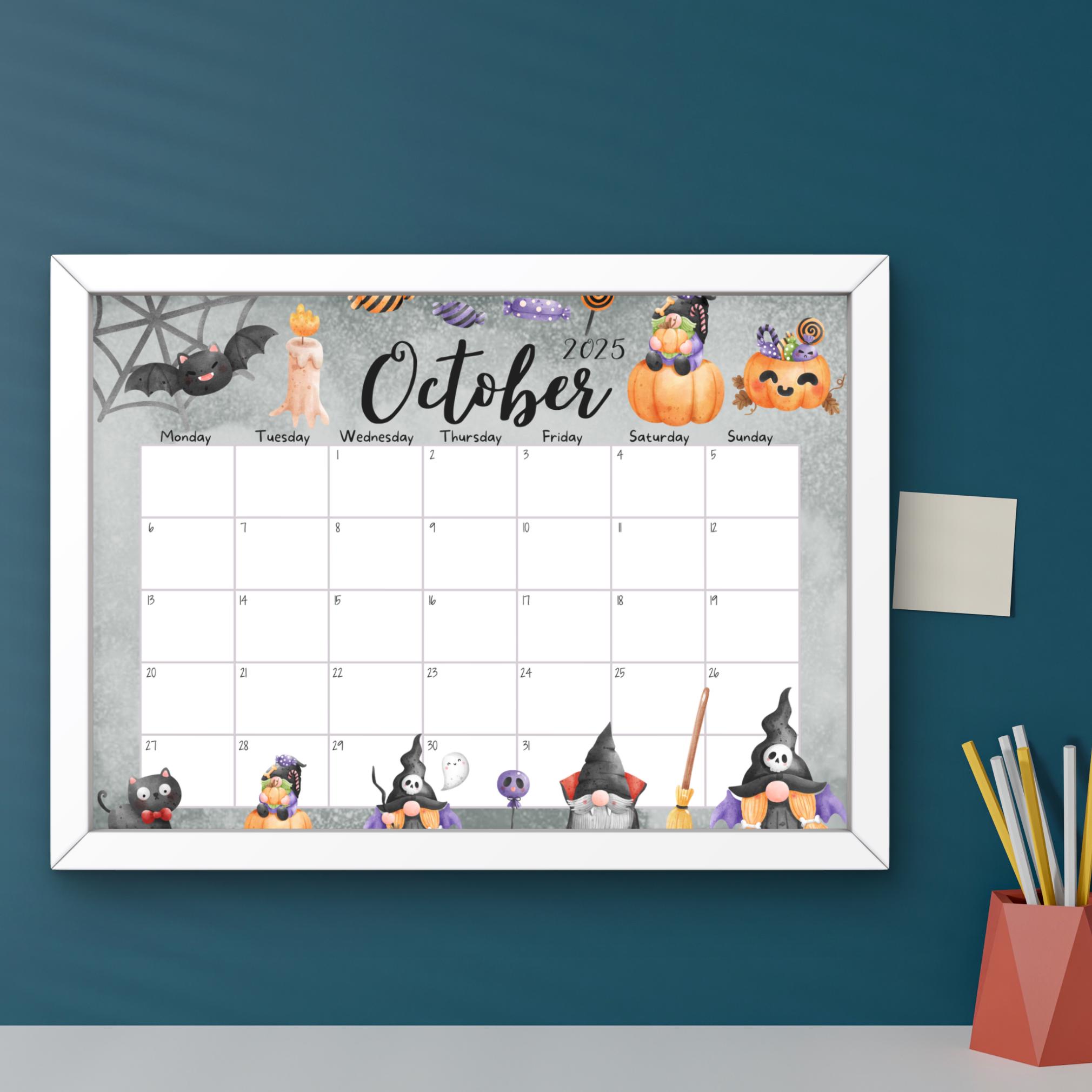 EDITABLE October 2025 Calendar, Happy Halloween, Cute Gnoms, Kid ...