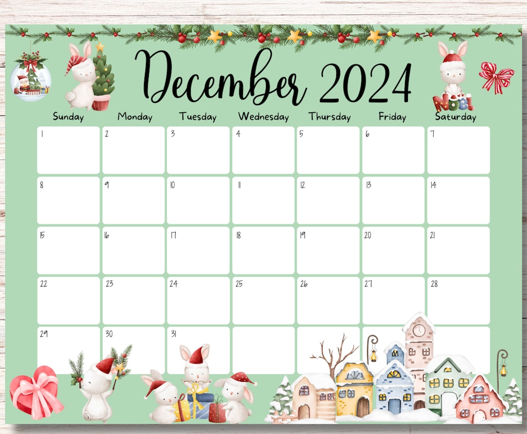 EDITABLE December 2024 Calendar, Beautiful Winter, Cute Rabbits ...