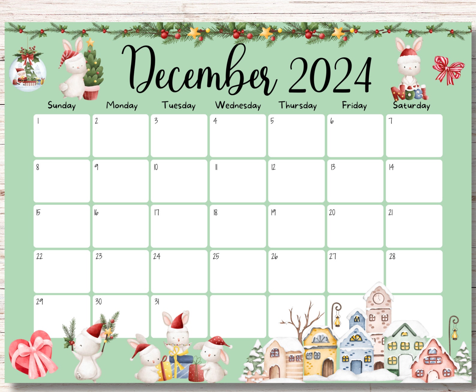 EDITABLE December 2024 Calendar, Beautiful Winter, Cute Rabbits ...