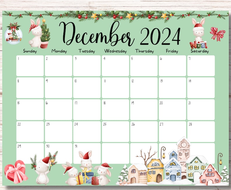 EDITABLE December 2024 Calendar, Beautiful Winter, Cute Rabbits ...