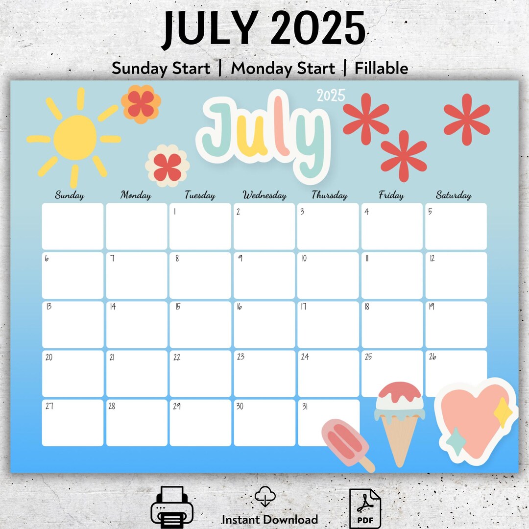 EDITABLE July 2025 Calendar, Colorful Happy Summer, Ice Creams and Sun ...