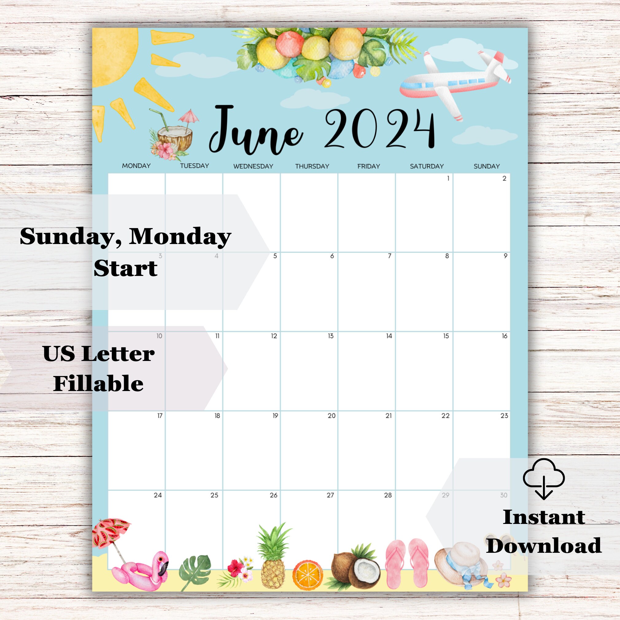 EDITABLE June 2024 Calendar, 2024 Summer Calendar, Fillable June ...