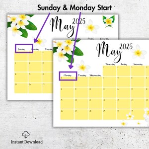 Editable/printable May 2025 Calendar, Yellow and White Flowers, Mother ...