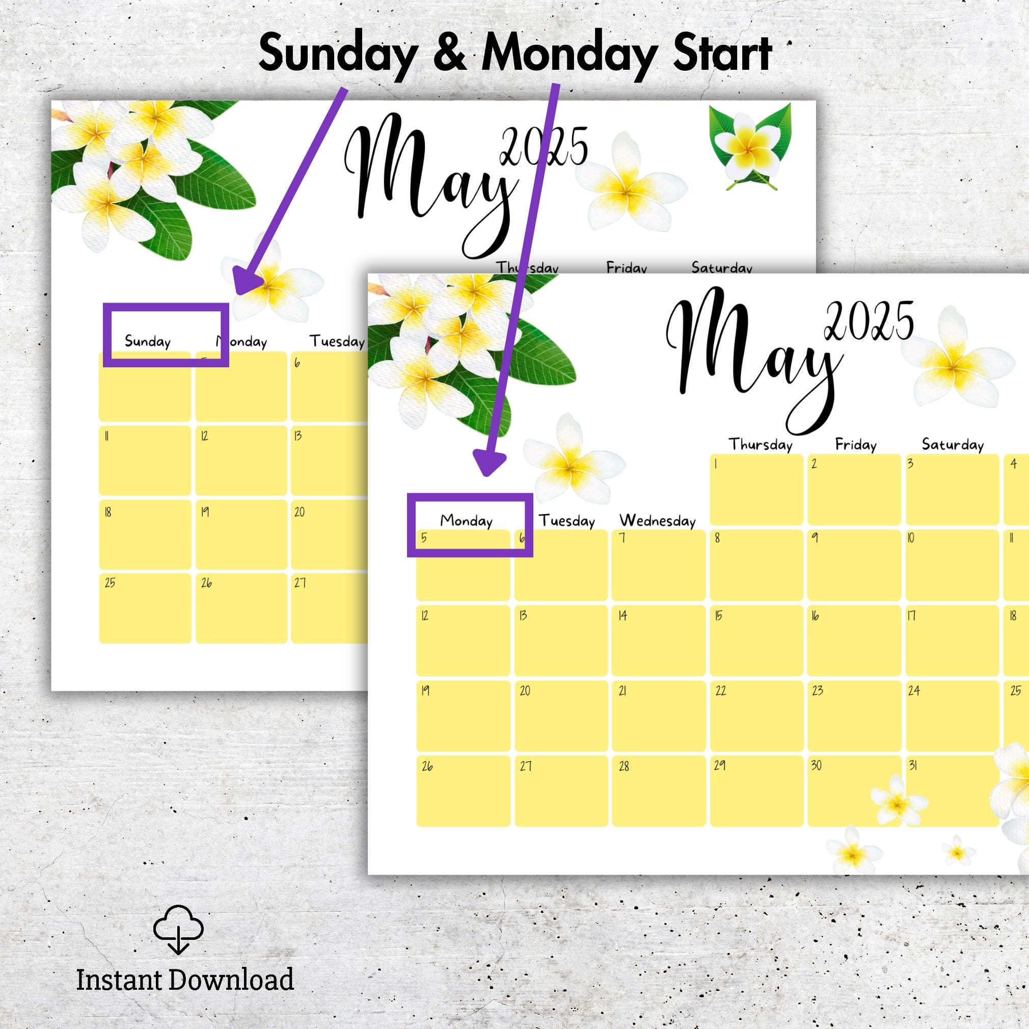 Editable/printable May 2025 Calendar, Yellow and White Flowers, Mother ...