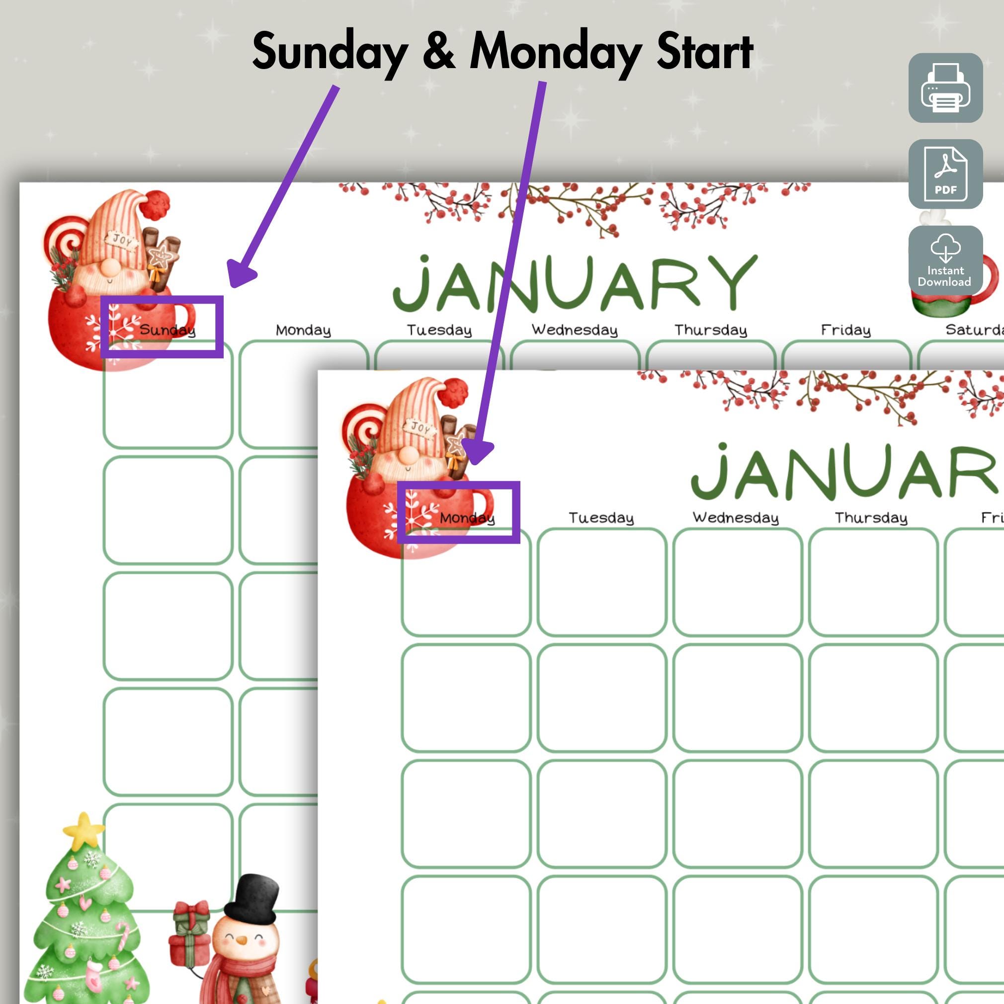 EDITABLE January Calendar, Cute Gnoms, Undated Blank Monthly Calendar ...